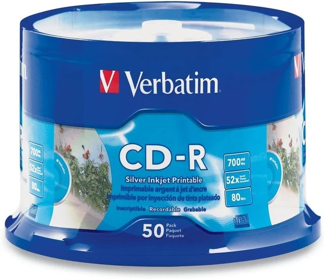 50 VERBATIM CD-R CDR 52X 700MB Silver Inkjet Printable Spindle 95005 ...