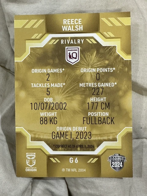 SIGNED REECE WALSH Queensland Maroons 2024 NRL Rivalry Gold Card G6 $50 ...