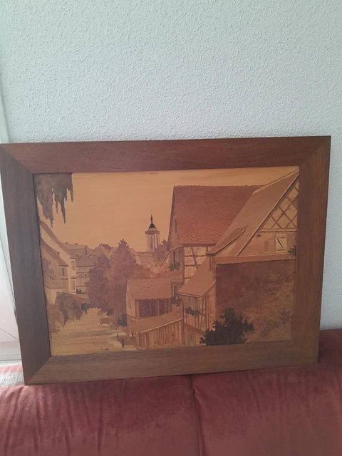 ANCIEN GRAND TABLEAU marqueterie cadre bois Colmar Alsace signé JM ...