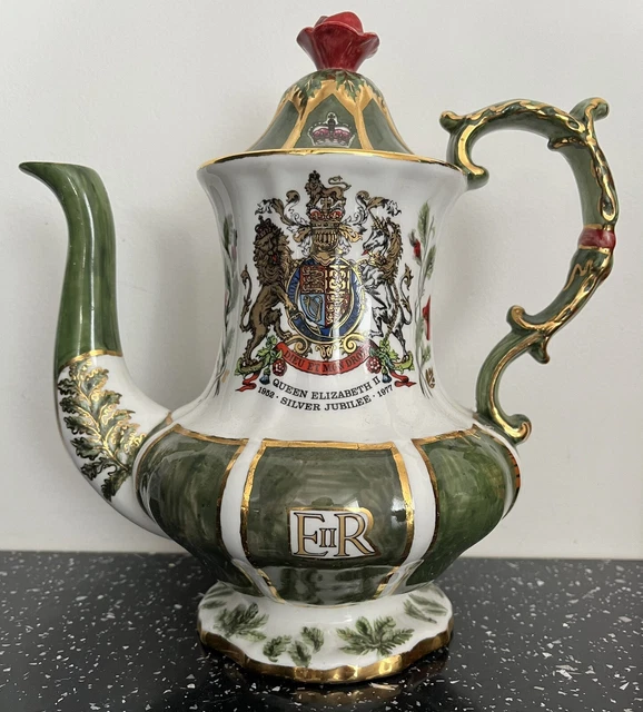 PORCELAIN COFFEE POT 1977 Royal Silver Jubilee Queen Elizabeth Hand ...