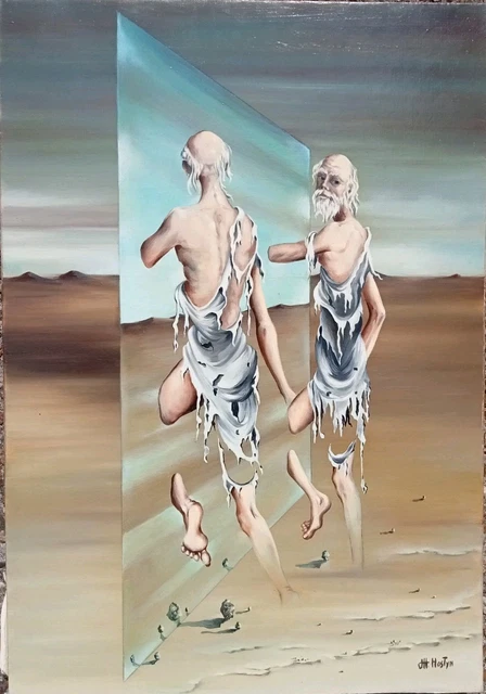 TABLEAU ANCIEN HUILE Toile Surréalisme Signée Hostyn Personnage ...