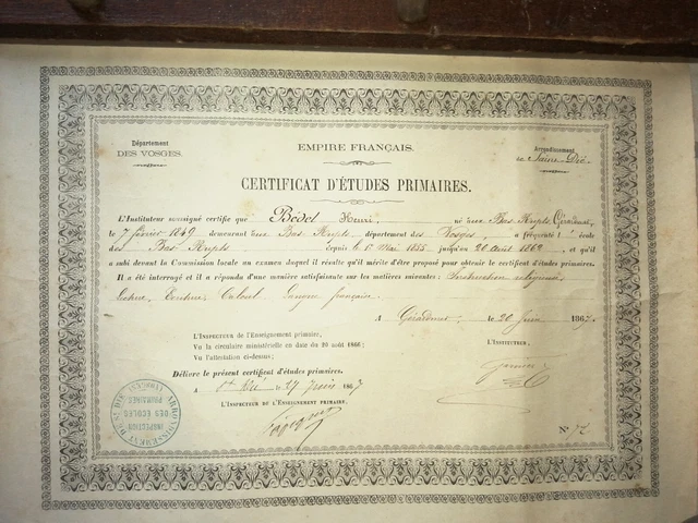 DIPLÔME XIX ÈME Certificat d'Études Primaires de 1867 Empire Français ...