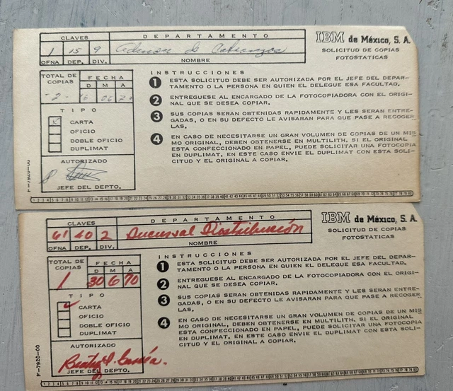 RARE VINTAGE DOCS 1970/IBM Mexico/2 Photocopy Request Cards/Highly ...