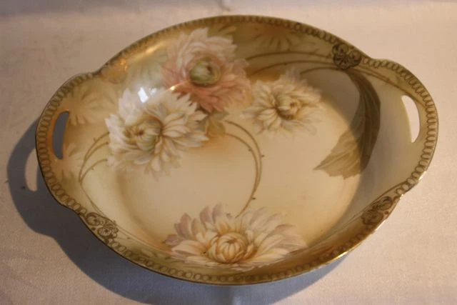 BOL PORCELAINE ART Nouveau signé : chrysanthèmes peints à la main env ...