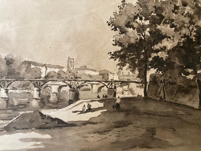 Beau Dessin Lavis Encre 1930 Sur Papier Quai De La Seine Paris A Identifier Art Eur 14500
