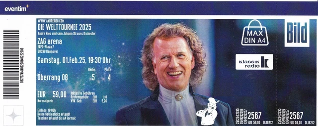 ANDRÉ RIEU CONCERT Ticket 01. Februar 2025 Hannover, ZAG ARENA EUR 9,80 - PicClick DE