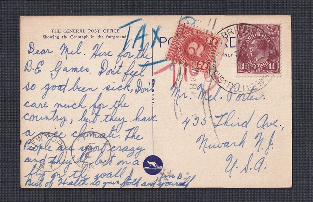 AUSTRALIA 1920’S USA 2C POSTAGE DUE ON ‘SYDNEY POST OFFICE’ POSTCARD TO ...