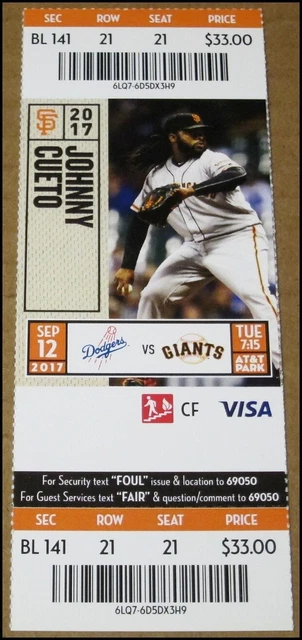9/12/2017 SAN FRANCISCO Giants vs Los Angeles Dodgers Ticket Clayton ...