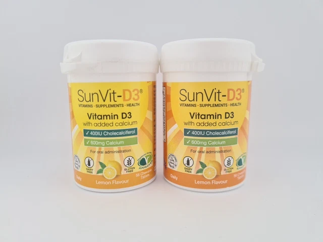 2 PACK SUNVIT-D3 Vitamin D3 with Calcium 400IU 56 Chewable Lemon ...