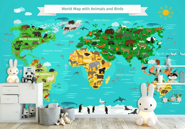 3D GIRAFFE ZEBRA B87 World Map Wallpaper Wall Mural Removable Self ...