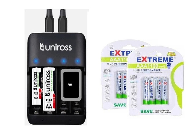 UNIROSS FAST COMPACT AA/AAA/PP3 BATTERY CHARGER & 8 x AAA 1100 mAh ...