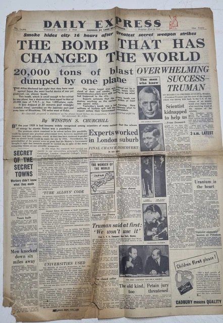 WW2 DAILY EXPRESS Newspaper #ATOMIC BOMB DROPPED ON JAPAN# 7th August ...