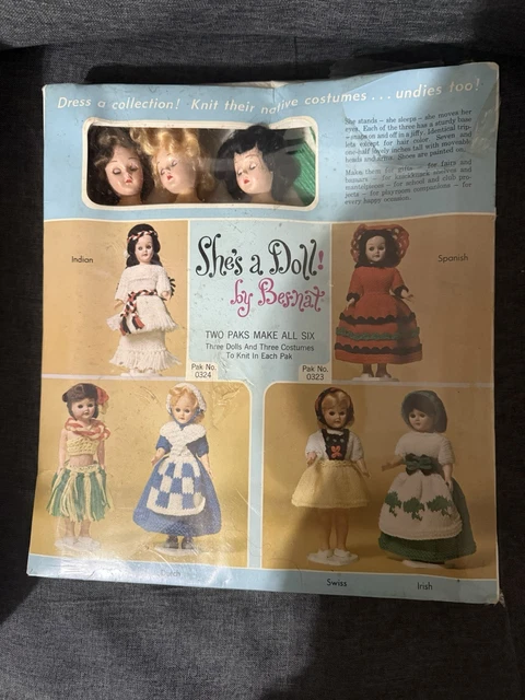 VINTAGE 1960S BERNAT “She’s a Doll!” Kit– 3 Dolls + Knit Costumes ...