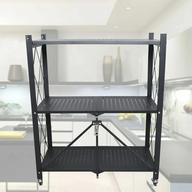 3-TIER FOLDING ROLLING Rack Cart Trolley Storage Holder Shelves with ...