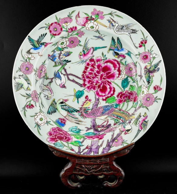 RARE CHINESE FAMILLE Rose Plate Bird Bluett Label period Yongzheng c ...