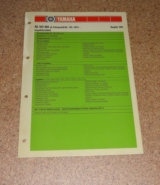 INSPEKTIONSBLATT YAMAHA RS 100 MX Tipo 1Y8 Anno 1981 EUR 5,59 - PicClick IT