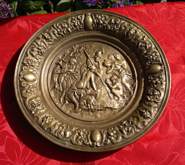 ANTIQUE SOLID BRONZE Neoclassical Greek Roman Wall Plaque Plate 12"Dia ...