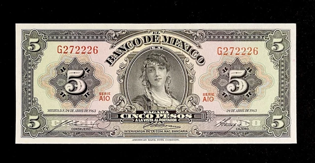 1963 UNC BANCO Mexico Banknotes $5 Pesos Gypsy Paper Money Currency ...