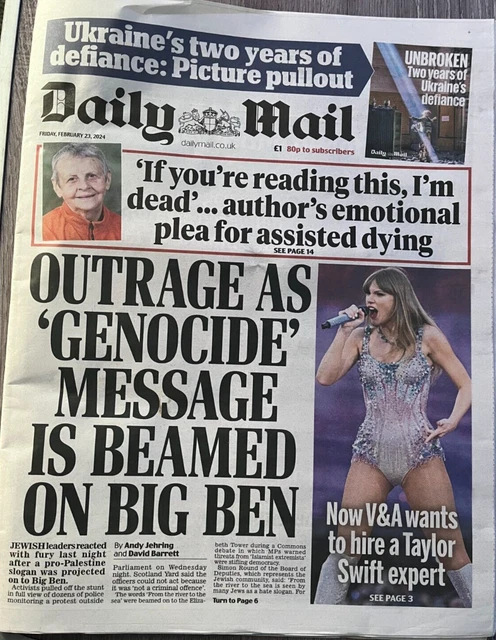 DAILY MAIL NEWSPAPER February 23rd 2024 TAYLOR SWIFT front plus Ukraine ...