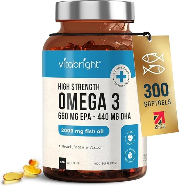 OMEGA 3 FISH Oil 2000mg - 300 Super Strength Soft Gels - 440mg DHA - UK ...