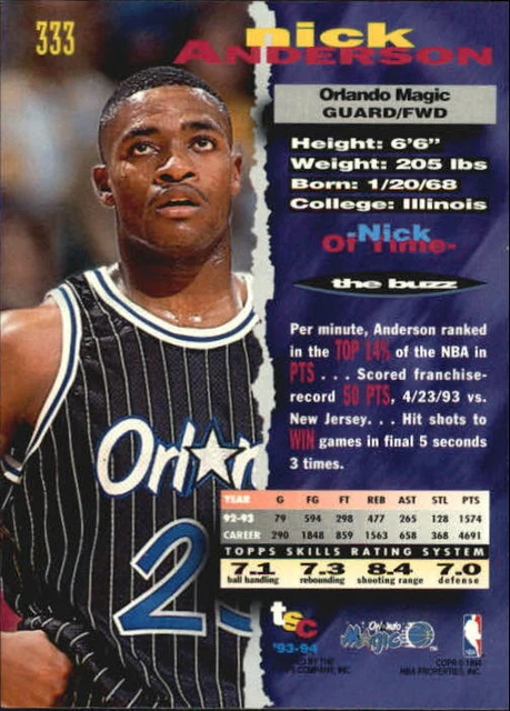 1993-94 STADIUM CLUB Orlando Magic Basketball Card #333 Nick Anderson ...