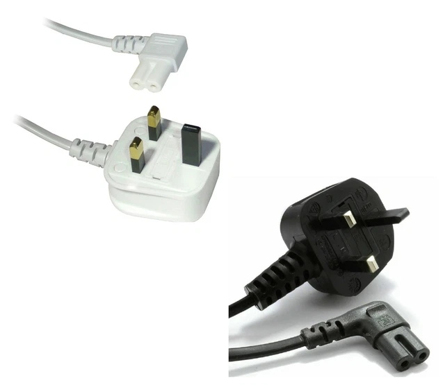 BLACK/WHITE RIGHT ANGLE Figure 8 Fig of 8 Lead Cable C7 to UK Plug ...