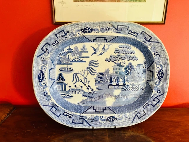 ANTIQUE 19TH CENTURY Willow Pattern Blue and White Meat Platter 19" £69 ...
