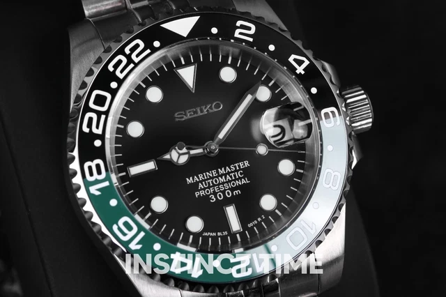 INSTINCT TIME CUSTOM Seiko Mod Watch GMT Style Green & Black Bez | Fast ...