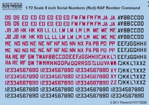 WARBIRD DECALS 172028 1/72 8" Serial Numbers RAF Bomber Command Red ...