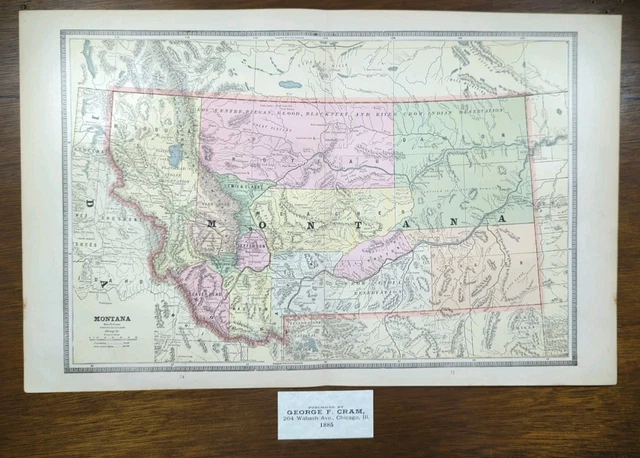 VINTAGE 1885 MONTANA TERRITORY Map 21"x13" ~ Old Antique Original ...