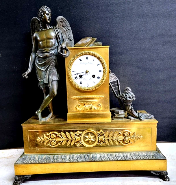 ANTIQUE FRENCH BRONZE Mantel Clock, With Bronze Of Man With Wings-Very ...