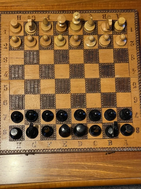 VINTAGE POKERWORK CHESS Set In Folding Travel Wooden Box With Wooden ...