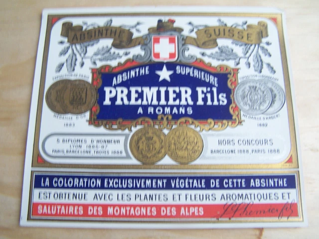 ANCIENNE ÉTIQUETTE ABSINTHE supérieur suisse Premier Fils Romans ...