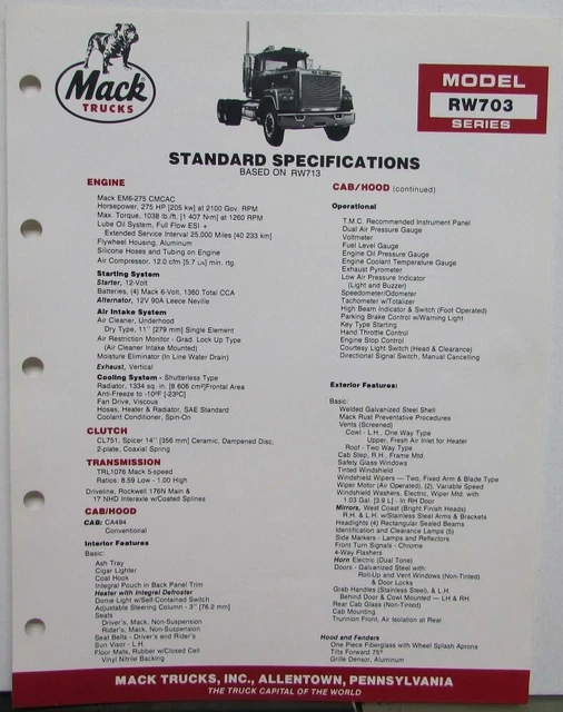 1985 MACK TRUCK Model RW703 Diagrams Dimensions Specification Sheet ...