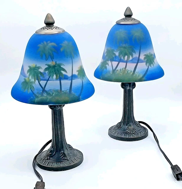 PAIR OF REVERSE Hand Painted Glass Accent Lamps Tropical Island Palm ...
