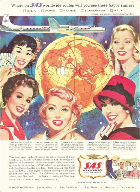 1957 SAS SCANDINAVIAN Airlines System DOUGLAS DC-7C GLOBAL EXPRESS ad ...