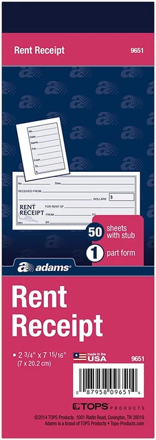 RENT RECEIPT BOOK, 1-Part with Tear-Off Stub, 2-3/4 X 7-15/16 Inches ...