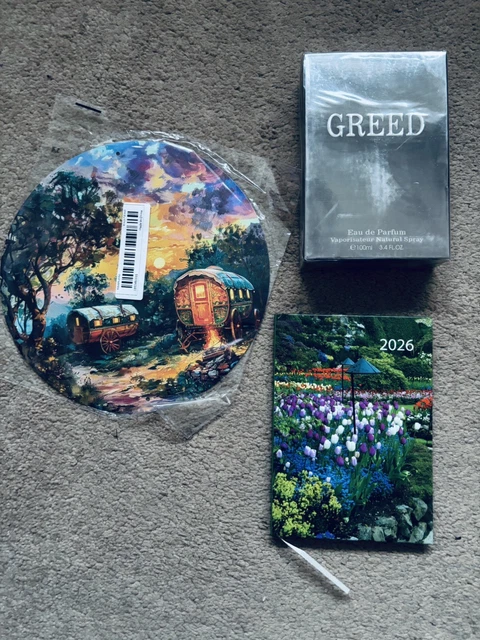 NEW ‘GREED’ EAU de Parfum, 2026 Diary & Gypsy Caravan Decor Plaque £1. ...