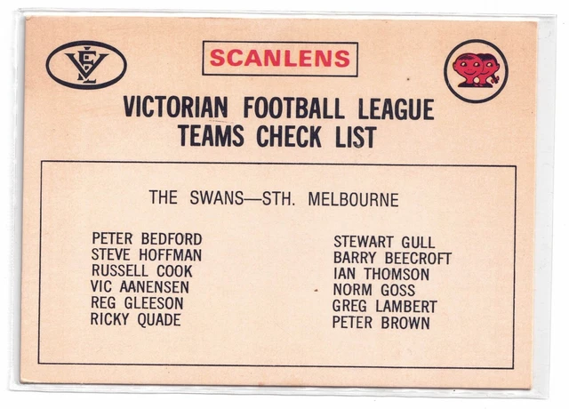 SCANLENS 1975 VFL Footy Card South Melbourne Swans Checklist Check List ...