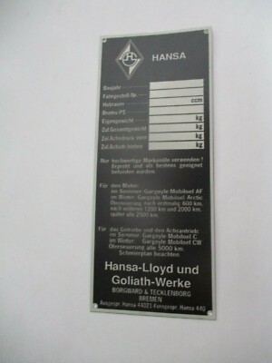 NAMEPLATE HANSA LLOYD Goliath sign paque placa Targa Tag ID Plate s36 £ ...