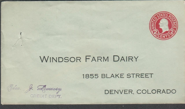 UNMAILED 2C WASHINGTON cover to Windsor Farm Dairy Denver CO $4.00 ...
