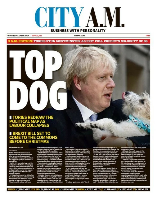 CITY AM NEWSPAPER - TOP DOG - Boris Johnson Wins General Election - 13 ...