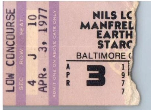 NILS LOFGREN STARCASTLETICKET Stub April 3 1977 Baltimore Maryland $92. ...