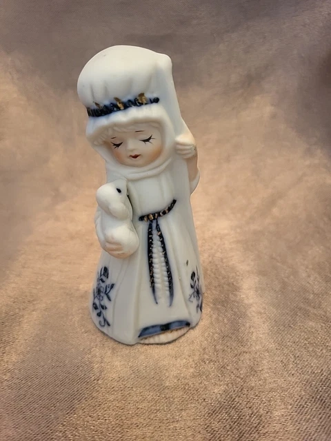 VINTAGE JASCO SHEPARD Girl W/Lamb White Blue Porcelain Bell Royal ...