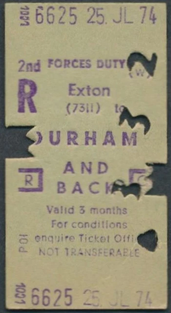 BRITISH RAILWAY TICKET 2nd cl Forces Duty Exton Durham 1974 No Buyers ...