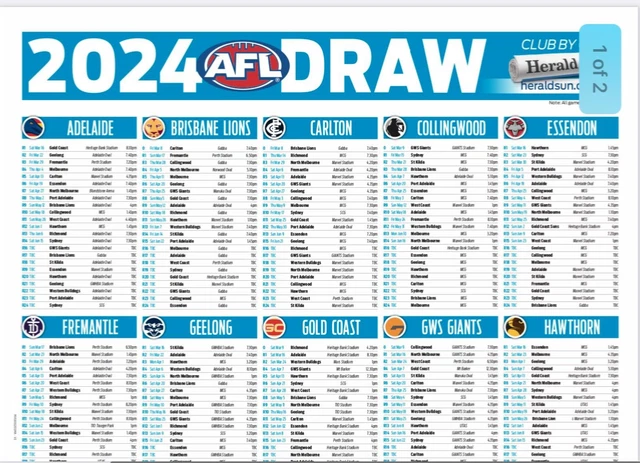 2024 AFL FOOTBALL All Teams Match Fixture Draws Poster, 2 Set ,Free ...