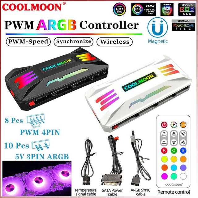 COOLMOON RGB CONTROLLER 4Pin PWM 5V 3Pin ARGB Fan PC Case Remote ...
