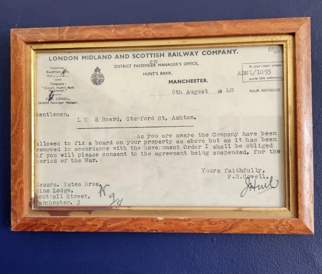 1940 LONDON MIDLAND & Scottish Railway Wartime Sign. Manchester. FRAMED ...