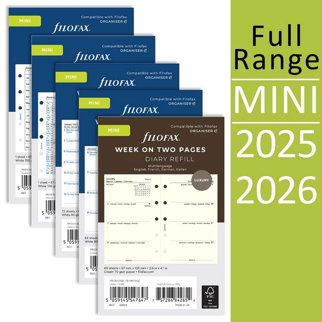 FILOFAX MINI 2025 or 2026 Diary Organiser Inserts Refills Planners ...