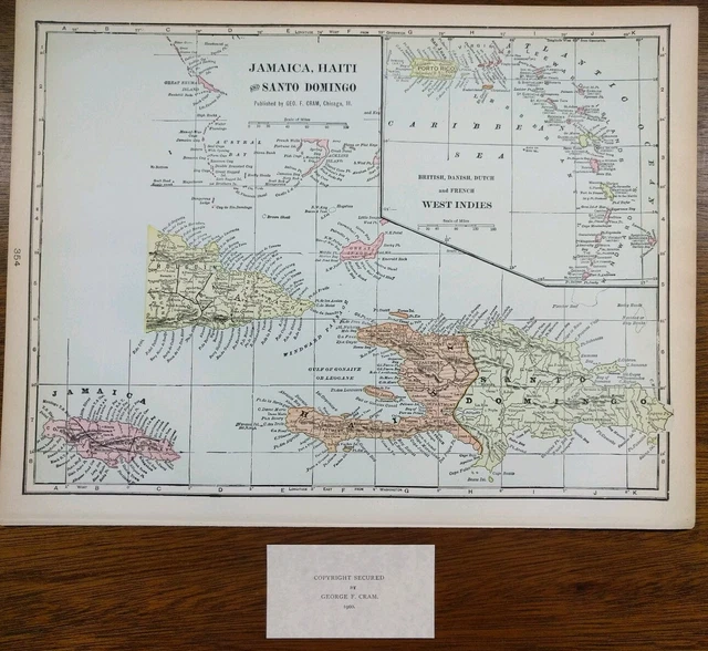 1901 ANTIQUE JAMAICA Map Haiti & San Domingo Map Caribbean Map 8823 £13 ...